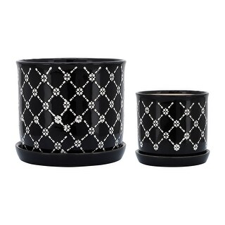Black and White Ceramic Planters with Saucers (Set of 2) - Bed Bath & Beyond - 32929153
